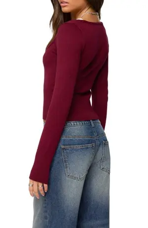 EDIKTED Layered Long Sleeve Crop Top - Burgundy-and-cream