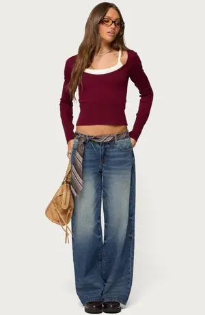 EDIKTED Layered Long Sleeve Crop Top - Burgundy-and-cream