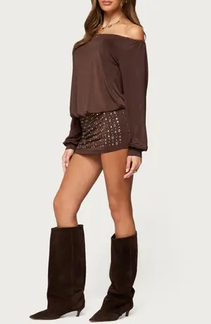 EDIKTED Studded Off-the-shoulder Backless Mini Dress