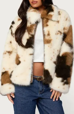 EDIKTED Rayan Cow Print Faux Fur Jacket - Mix