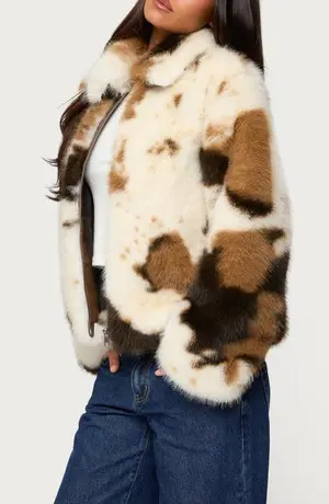 EDIKTED Rayan Cow Print Faux Fur Jacket