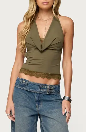 EDIKTED Layered Lace Trim Halter Top