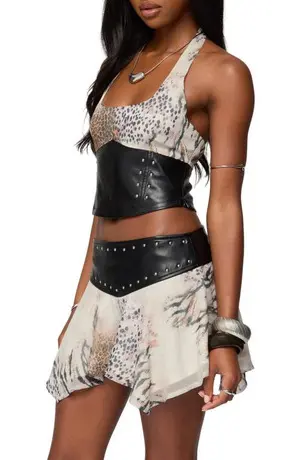 EDIKTED Animal Print Chiffon & Faux Leather Halter Top