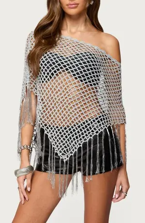 EDIKTED Metallic Fringe Poncho - Silver