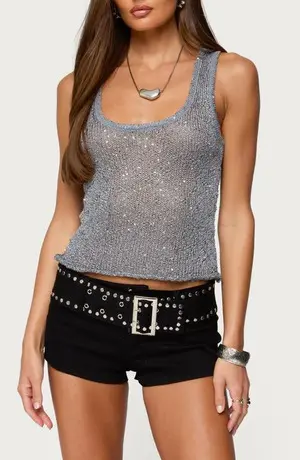EDIKTED Eleora Sequin Knit Tank - Gray