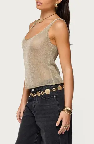 EDIKTED Meena Shiny Open Stitch Knit Tank - Gold