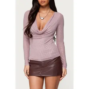 EDIKTED Rhinestone Cowl Neck Mesh Top