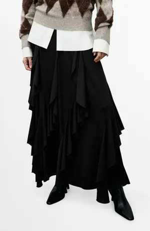 Mango Asymmetric Ruffle Midi Skirt