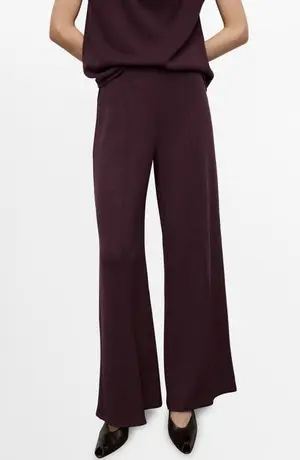 Mango Pleated Wide Leg Trousers - Burgundy