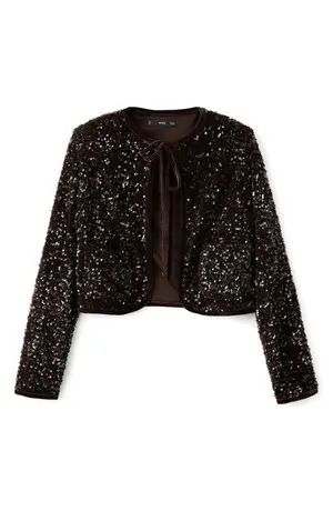 Mango Sequin Velvet Tie Neck Jacket - Chocolate