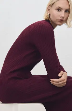 Mango Ribbed Long-sleeve Midi Sweater Dress - Wine