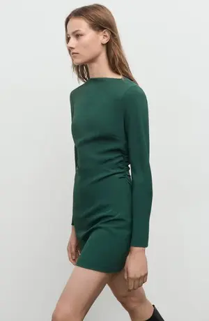 Mango Ruched Bateau Neck Long Sleeve Minidress - Green