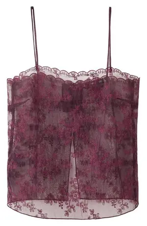 Mango Embroidered Sheer Camisole - Burgundy