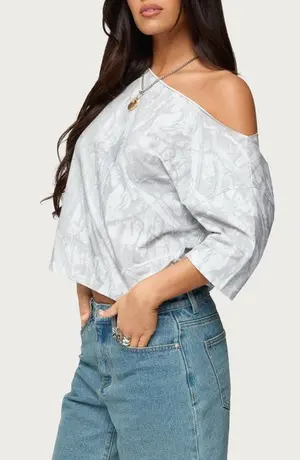 EDIKTED Camo Off-the-shoulder Top - Gray