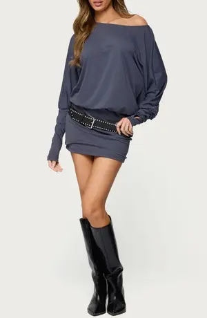 EDIKTED Long Sleeve One-shoulder Open Back Minidress - Dark-gray