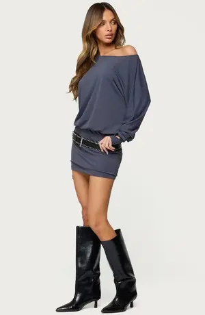 EDIKTED Long Sleeve One-shoulder Open Back Minidress - Dark-gray