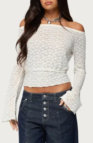 EDIKTED Sheer Lace Off-the-shoulder Top - Cream
