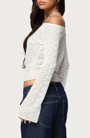 EDIKTED Sheer Lace Off-the-shoulder Top - Cream