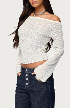 EDIKTED Sheer Lace Off-the-shoulder Top - Cream