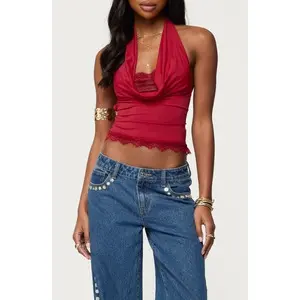 EDIKTED Lacy Cowl Neck Halter Top - Red