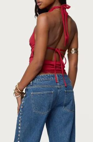 EDIKTED Lacy Cowl Neck Halter Top - Red