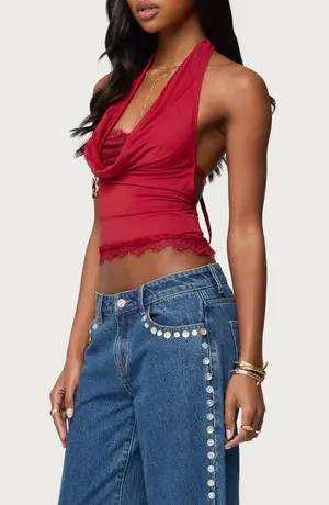 EDIKTED Lacy Cowl Neck Halter Top - Red