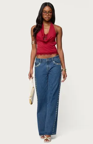 EDIKTED Lacy Cowl Neck Halter Top - Red