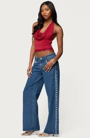 EDIKTED Lacy Cowl Neck Halter Top - Red
