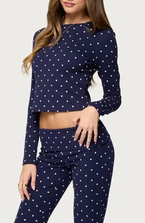 EDIKTED Polka Dot Crop Stretch Cotton T-shirt - Navy