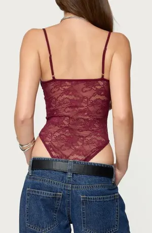 EDIKTED Cutout Lace Bodysuit - Wine