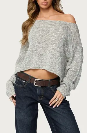 EDIKTED Off-the-shoulder Crop Sweater - Gray