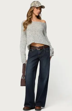 EDIKTED Off-the-shoulder Crop Sweater - Gray