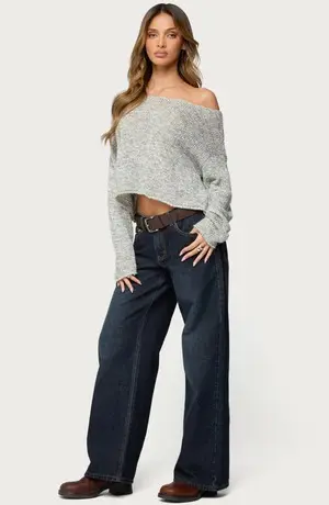EDIKTED Off-the-shoulder Crop Sweater - Gray