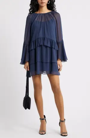 OPEN EDIT Long Sleeve Tiered Chiffon Dress - Navy Iris