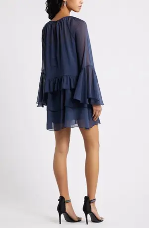 OPEN EDIT Long Sleeve Tiered Chiffon Dress - Navy Iris