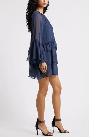 OPEN EDIT Long Sleeve Tiered Chiffon Dress - Navy Iris