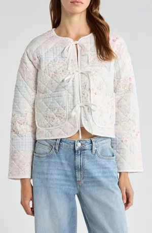ALL IN FAVOR Tie Front Quilted Jacket - Blush Blue Patchwork