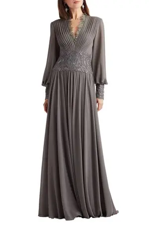 Tadashi Shoji Sequin And Lace Pleated Chiffon Gown - Mist
