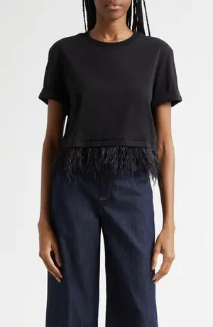 Cinq À Sept Feather Trim Crop T-shirt - Black