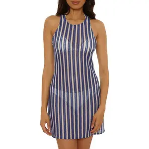 BECCA By Rebecca Virtue Cabo Stripe Sheer Cover-up Minidress - Lapis/tan