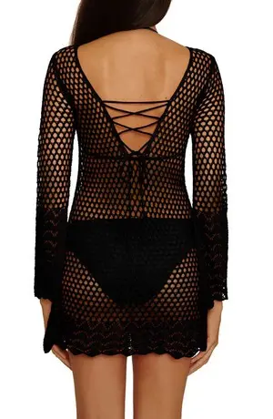 BECCA By Rebecca Virtue Treasure Island Long Sleeve Reversible Open Knit Cover-up Tunic - Black