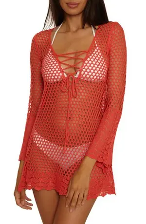BECCA By Rebecca Virtue Treasure Island Long Sleeve Reversible Open Knit Cover-up Tunic - Caliente