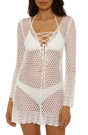 BECCA By Rebecca Virtue Treasure Island Long Sleeve Reversible Open Knit Cover-up Tunic - White