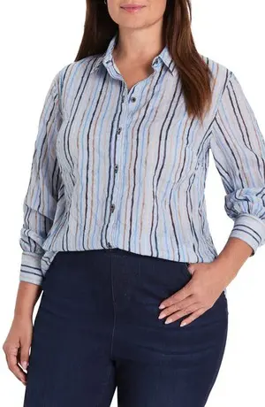 NIC+ZOE Drifty Stripe Cotton Button-up Blouse - Blue Multi