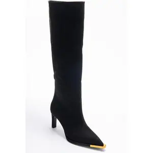 PROLOGUE SHOES Pointed Toe Knee High Boots - Black Suede Faux Leather