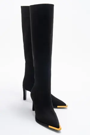 PROLOGUE SHOES Pointed Toe Knee High Boots - Black Suede Faux Leather