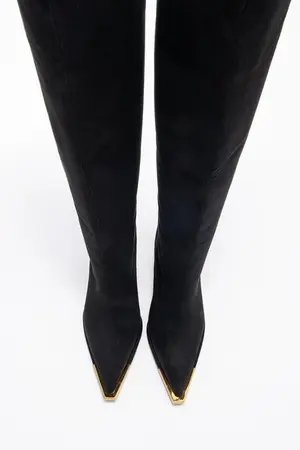 PROLOGUE SHOES Pointed Toe Knee High Boots - Black Suede Faux Leather