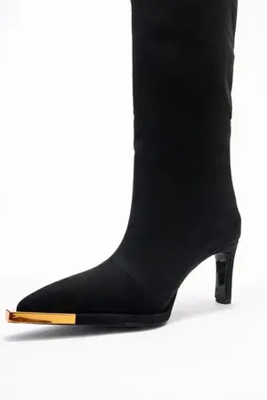 PROLOGUE SHOES Pointed Toe Knee High Boots - Black Suede Faux Leather