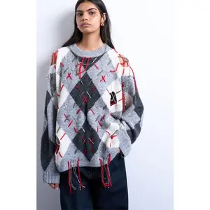 Topshop Oversized Argyle Stitch Sweater - Grey