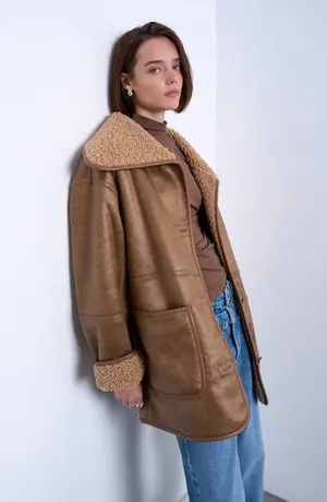 Topshop Patch Pocket Faux Shearling Coat